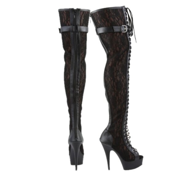 Pleaser | Shoes | Delight 325ml Lace Panel Platform Thigh High Heel ...
